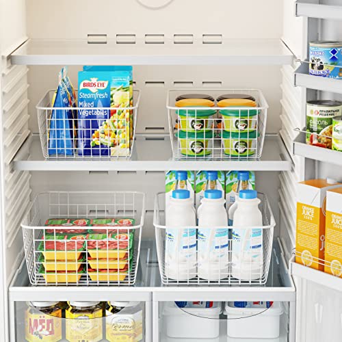 Wire Storage Baskets, iSPECLE 4 Pack Large Metal Wire Baskets Pantry Organization and Storage with Handles, Freezer Organizer Bins for Pantry Kitchen Shelf Laundry Cabinets Garage, White