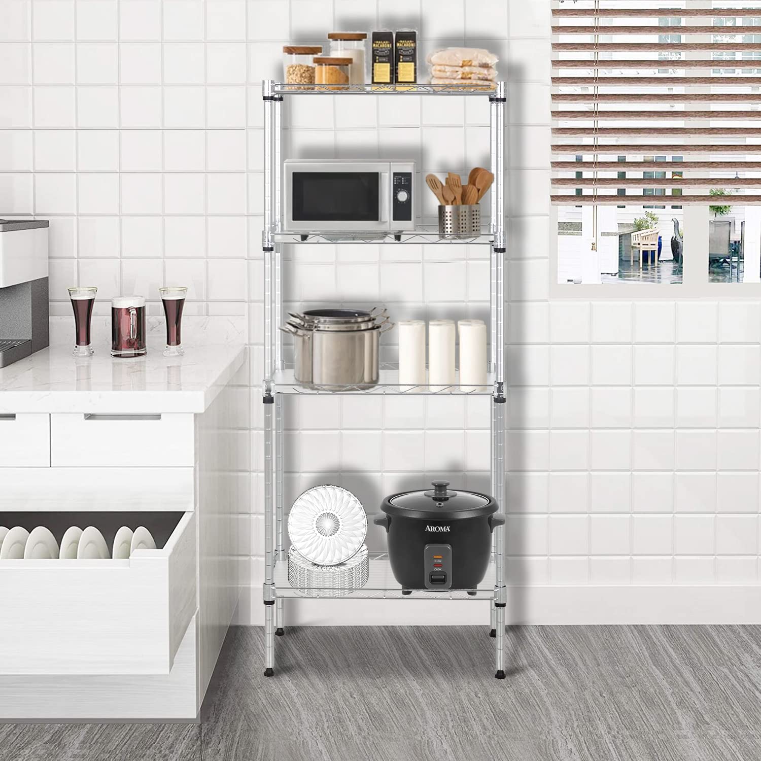 FDW 18L x 12W x 44H Wire Shelves with 4 PP Sheets Metal Shelf Storage Shelves 4 Tier Layer Storage Shelves for Laundry Bathroom Kitchen Garage,Chrome