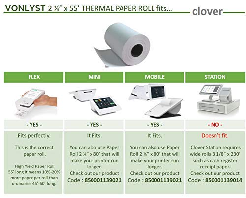 Vonlyst Thermal Paper Roll 2 1/4 x 50 for Clover Flex Mini Mobile (10 rolls)