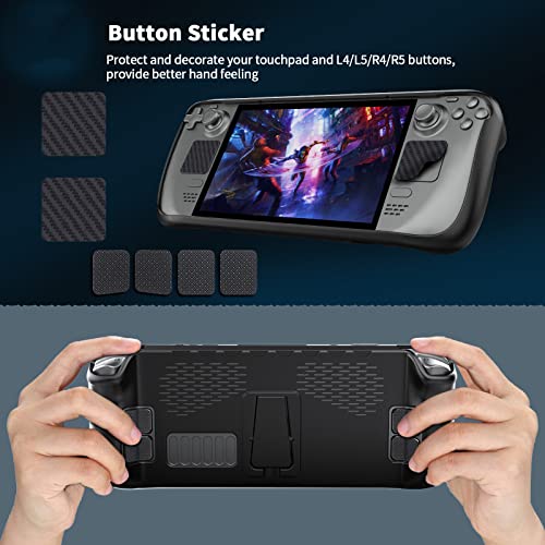HMHAMA Protective Case with Kickstand and Button Stickers for Steam Deck Accessories, TPU Non-Slip Anti-Scratch Protective Case Bracket Trackpads Skin Back Button Grips