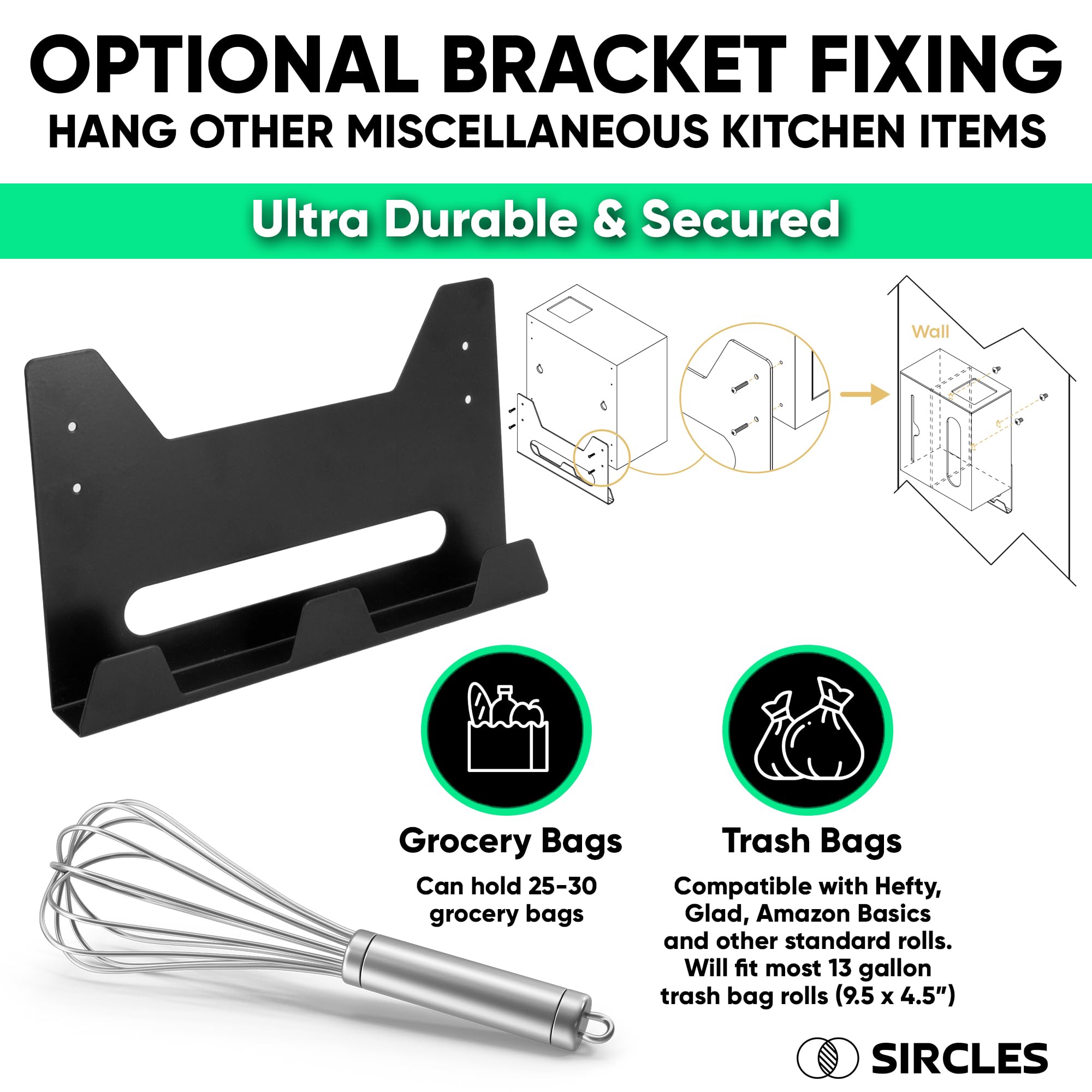 SIRCLES Trash Bag Dispenser Roll Holder - Grocery & Trash Bag Holder & Dispenser Organizer - Garbage Bag Holder with Bracket - Stylish Design - Includes Dispenser, Screws, Anchors & Mini Screwdriver