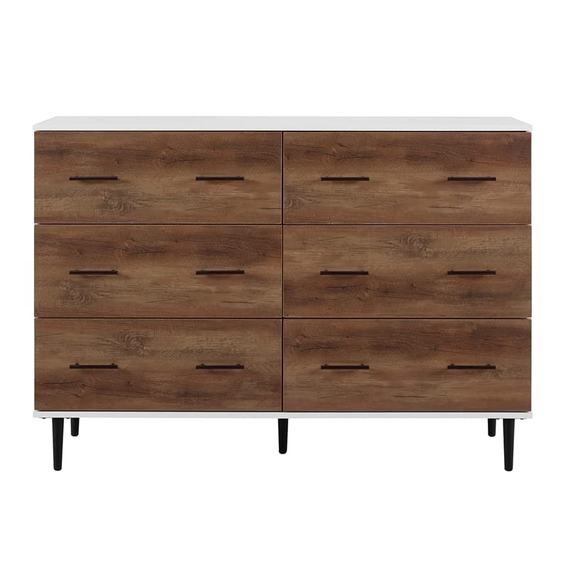 Walker Edison Mila Modern 6 Drawer Storage Buffet, 52 Inch, White and Rustic Oak