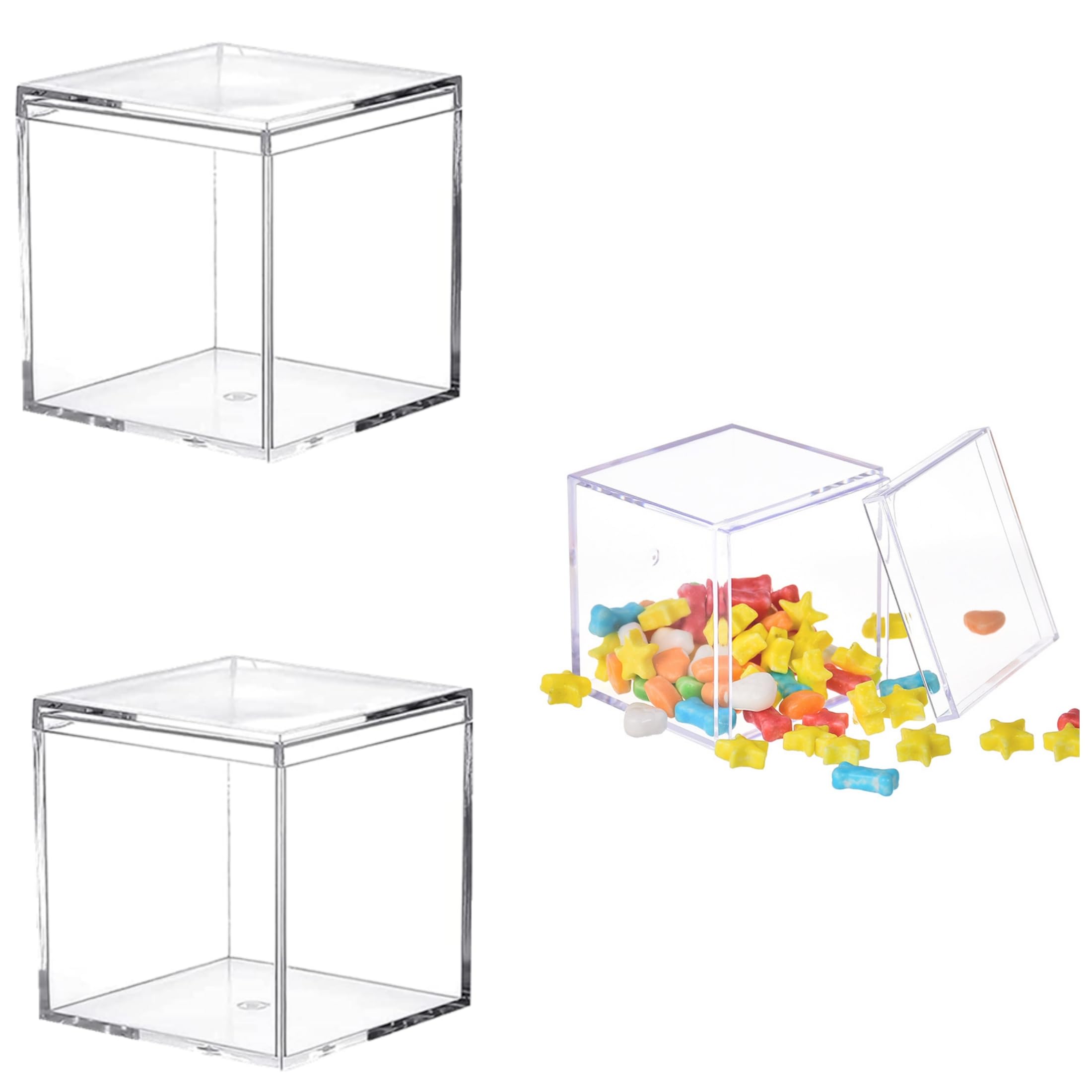 Small Acrylic Box, Clear Box with Lid 2 Pack Transparent Display Box Plastic Square Cube Containers Storage Box 3.7x 2.5x2.2 Inch for Candy Pill and Tiny Jewelry Storage Decorative Boxes