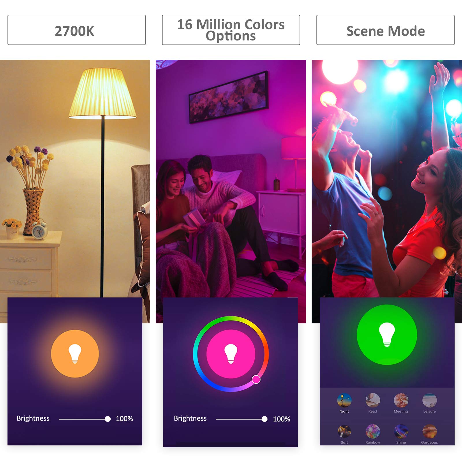 Smart LED Light Bulb, Alexa Light Bulb Color Changing, Soft White (2700K), Multicolored Bulb RGBW A19 9W, E26 Bulb No Hub Required,Compatible with Alexa Google Home, 2 Pack
