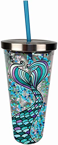 Spoontiques - Glitter Filled Acrylic Tumbler - Glitter Cup with Straw - 20 oz - Stainless Steel Locking Lid with Straw - Double Wall Insulated - BPA Free - Mermaid