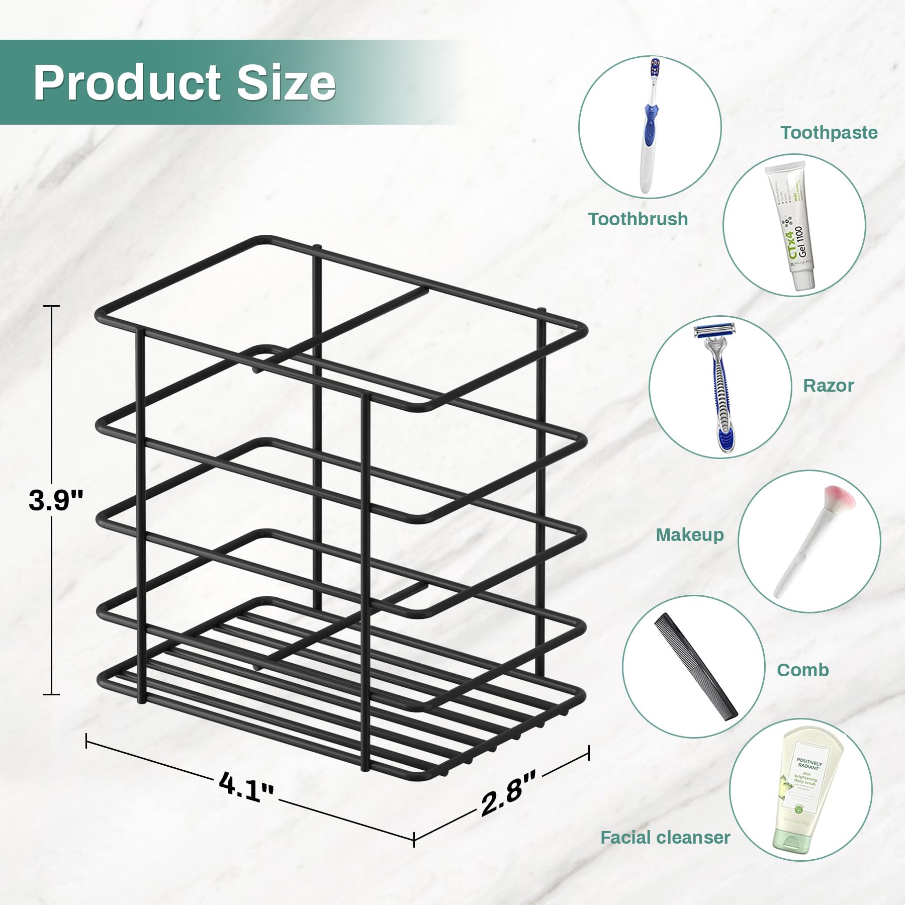 Oasiteege Adhesive Toothbrush Holder Wall Mounted, Suction Cup Toothpaste Organizer for Shower, Hanging Razor Tooth Brush Holder Storage Caddy with Drainage, Black Bathroom Accessories and Decor