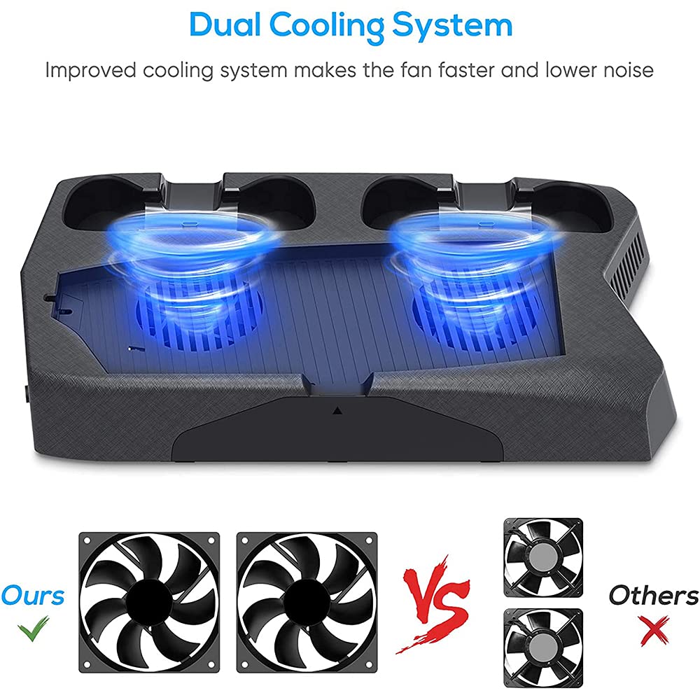 DAHAKII PS5 Vertical Stand with Cooling Fan for PS5 Digital Edition/Ultra HD Charging Dock Station with 14 Retractable Game Slots/PS5 Dual Controller Charger Ports