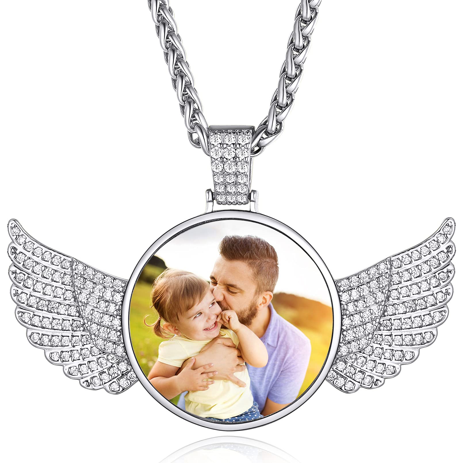 Custom4U Personalized Angel Wings Pendant Neckalce with Picture Inside Custom Photo Necklace Memorial Photo Medallion Chain Hip Hop Jewelry for Men