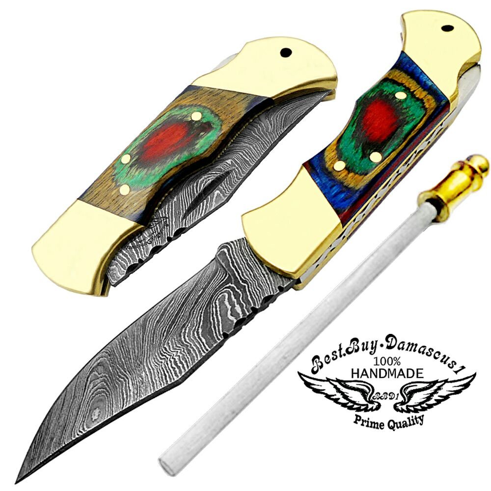 Best.Buy.Damascus1 Multi Color Wood 5.5'' Custom Handmade Damascus Steel Double Brass Bloster With Sharpening Rod Folding Pocket Knife Back Lock Prime Quality Come With Leather Sheath