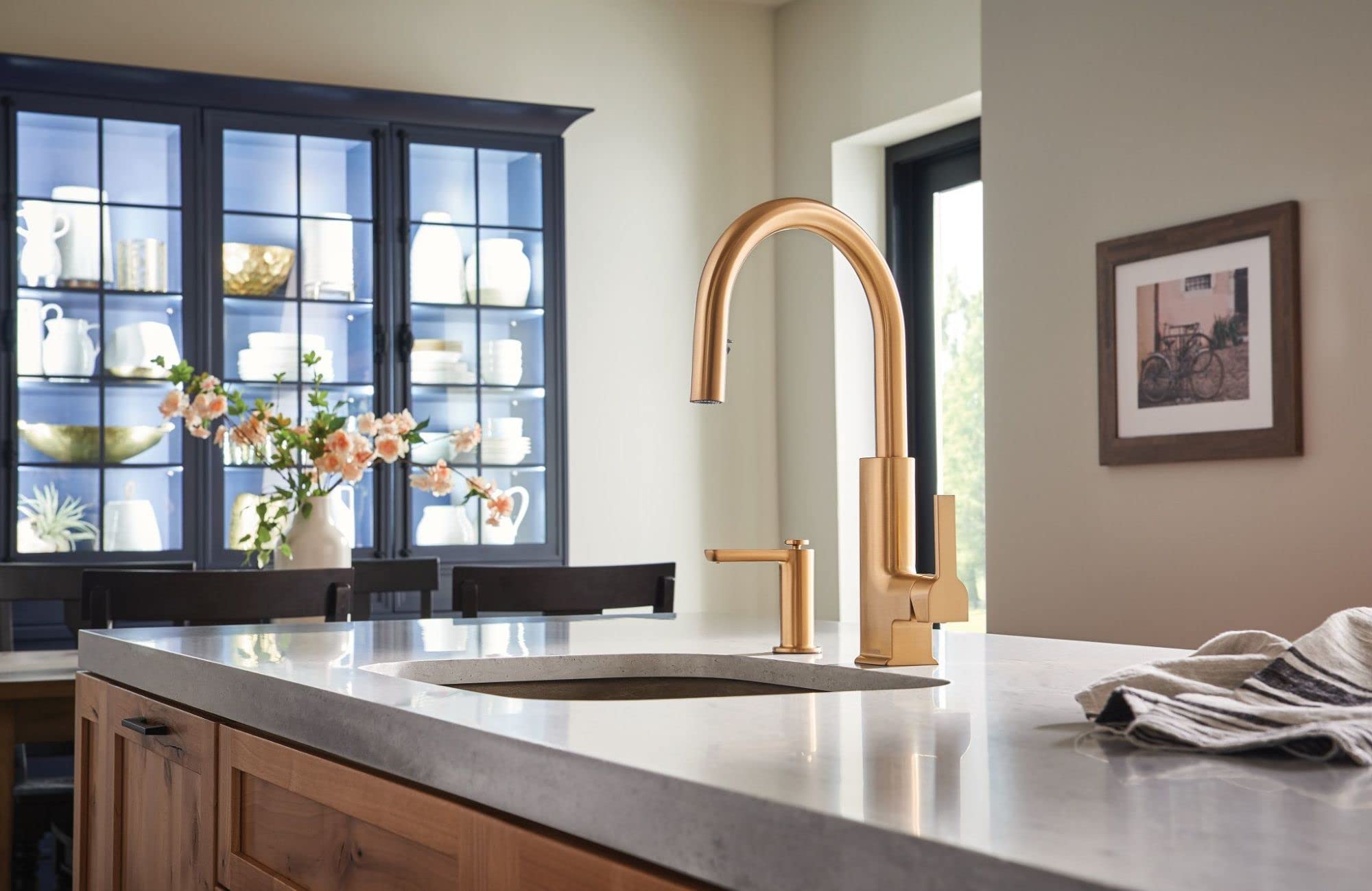 Moen Brushed Gold Modern Deck Mounted Kitchen Soap Dispenser with Above-the-Sink Refillable Bottle, S3947BG