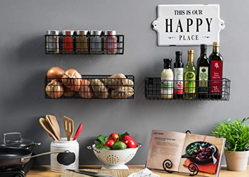 Wall35 Kansas Wall Mounted Metal Wire Baskets for Kitchen Organization and Storage, Varying Sizes Hanging Fruit Basket Set of 3 Black