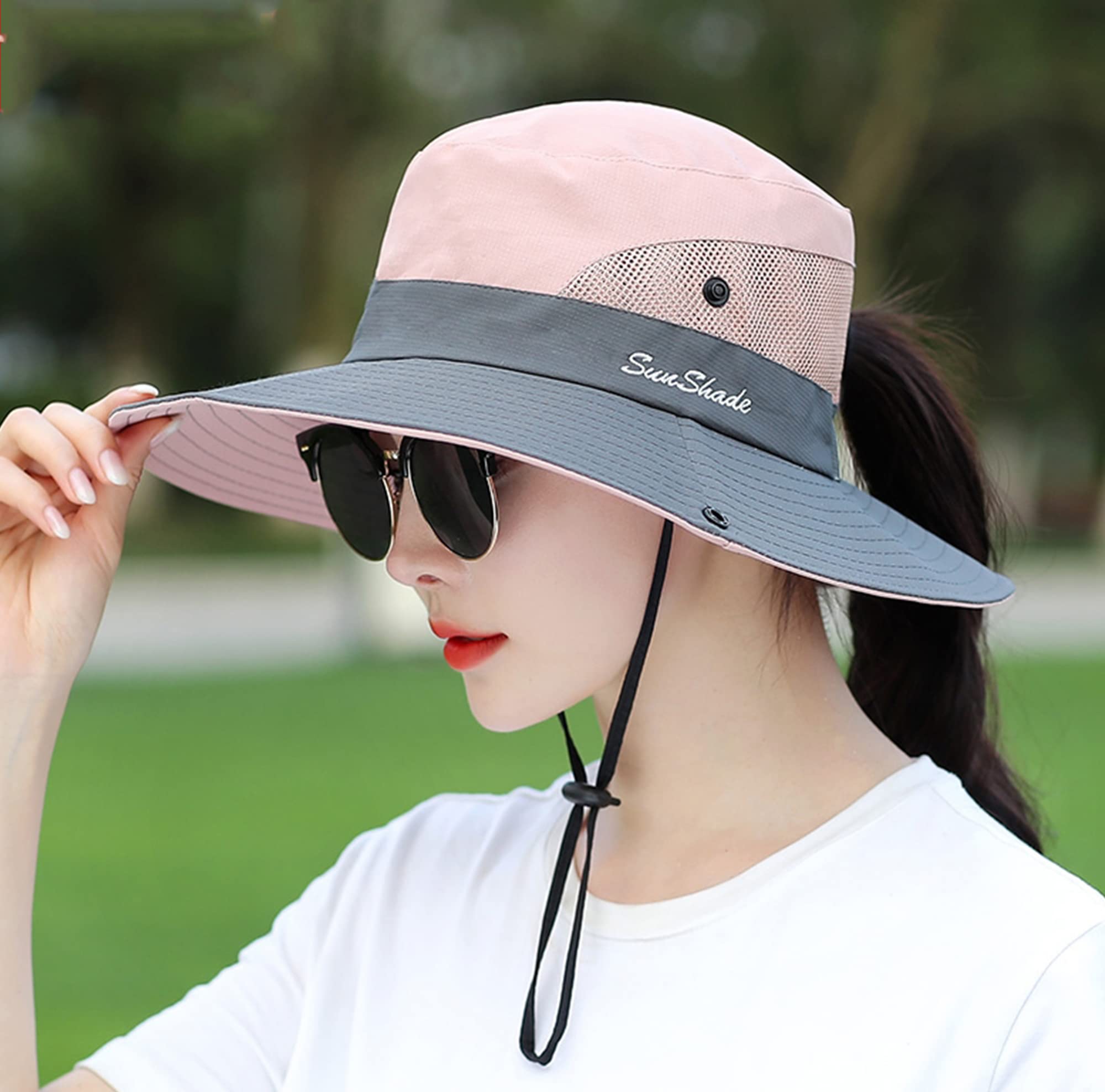 Womens Ponytail Sun Hats with UV Protection Wide Brim Mesh Ponytail Hole Bun Bucket Hat(2pcs Pink+Black