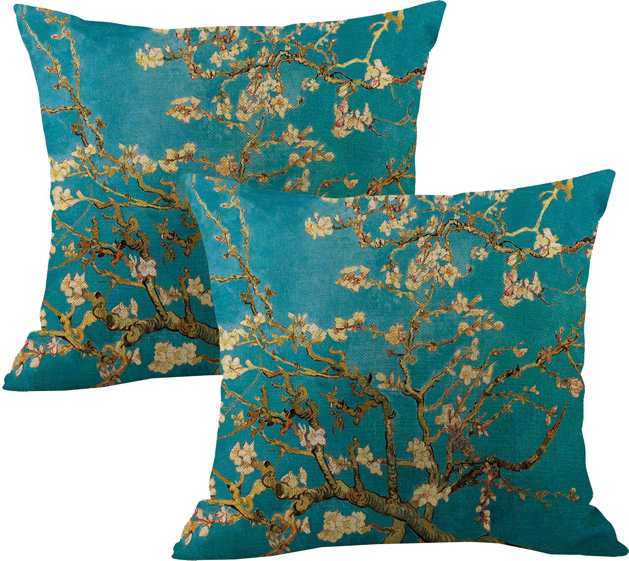 JiangLANY Cherry Blossom Tree Print Throw Pillow Covers 18x18 inch Chinese Watercolor Painting Blue Floral Linen Decorative Square Pillow Case Cover for Living Room Bedroom Garden Sofa Chair,2 Pack