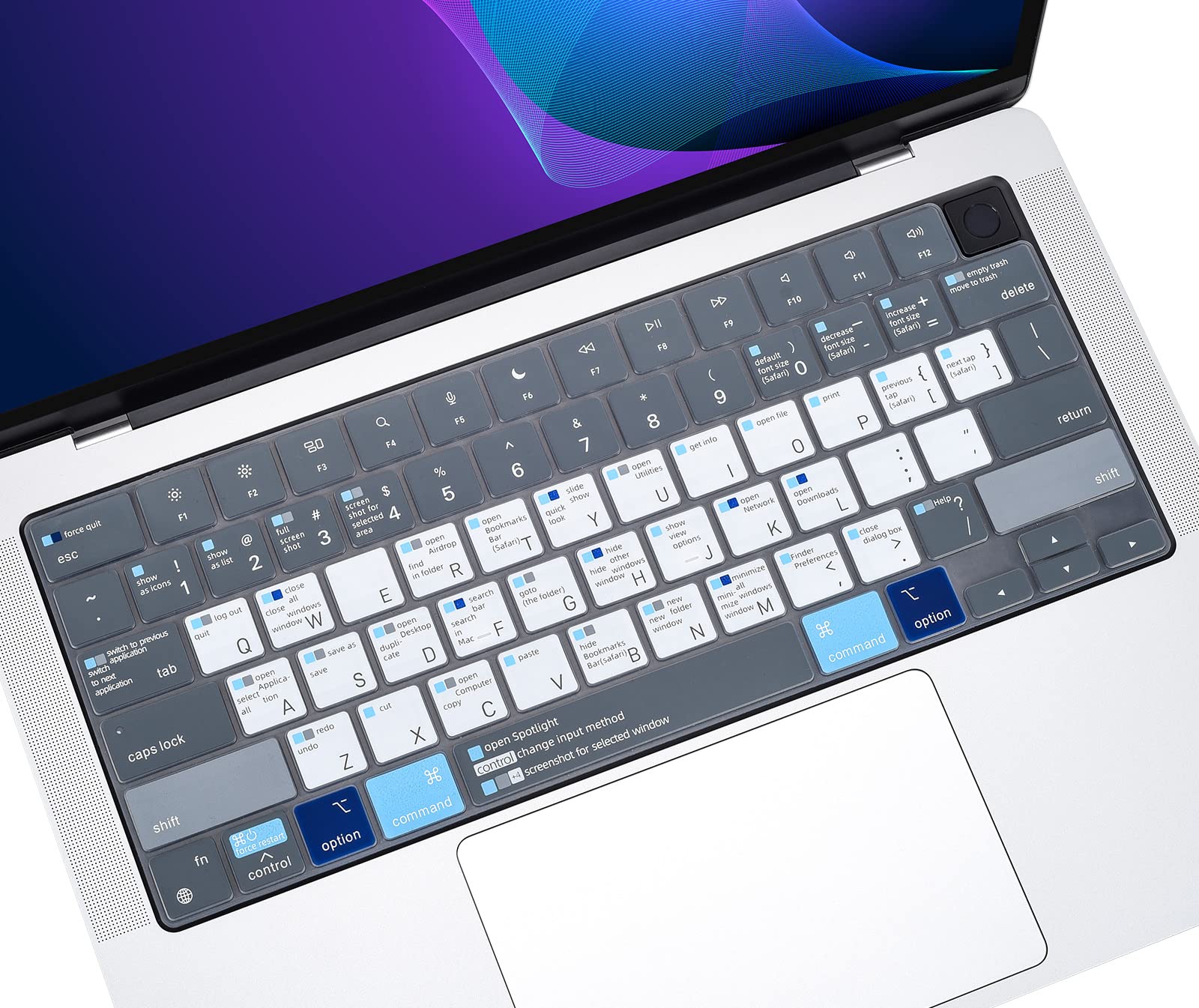 Keyboard Cover with MAC OS Shortcut Hot Keys for Apple MacBook Pro 14 inch A3112 A3401 A3185 A2442 A2918 A2992 2024 2023/Pro 16 inch A3403 A3186 A2991 M4 M3 M2,MacBook Air 13.6" 15.3" Skin-Blue&White