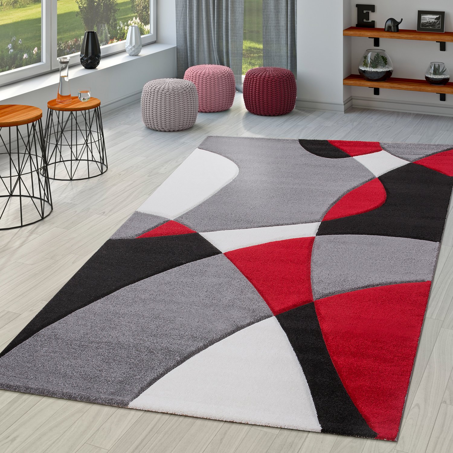 Paco Home Modern Area Rug with Artful Pattern in Red Black Grey, Size: 2'8" x 4'11"