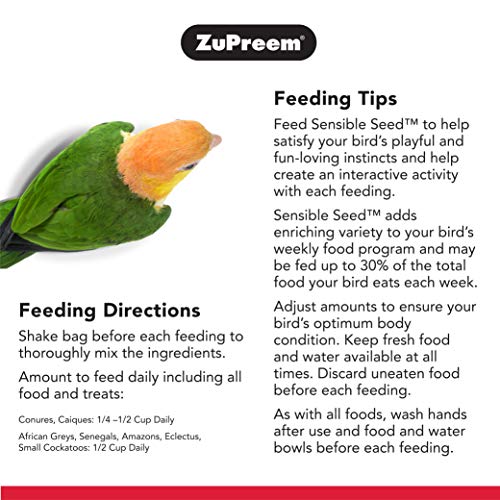 ZuPreem Sensible Seed Bird Food for Parrots and Conures, 2 lb bag (2-pack) - Premium Blend of Seeds and FruitBlend Pellets for Conures, Caiques, African Greys, Senegals, Amazons, Eclectus, Small Cocka