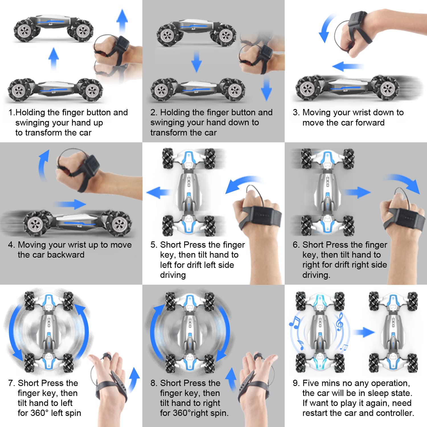 LOOZIX 1:10 Scale Gesture Sensing Rc Stunt Car, 4WD Remote Control Hand Controlled Transform , Double Sided Vehicle 360° Spins with Lights Music, All Terrains Monster Truck for Boys Kids