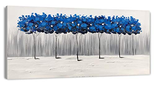 Yihui Arts Landscape Painting Abstract Tree Canvas Art Handpainted Indigo Blue Forest Pictures Artwork for Living Room Bedroom Wall Decor (20Wx40L)