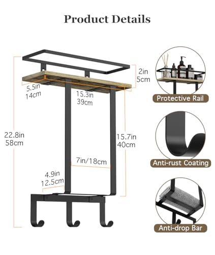 Luxspire Towel Racks Wall Mounted for Bathroom, Towel Holder Wall Mounted with Wooden Floating Shelf & 3 Metal Hooks, Rolled Bath Towel and Hand Towel Rack for Bathroom, Rustic Wooden