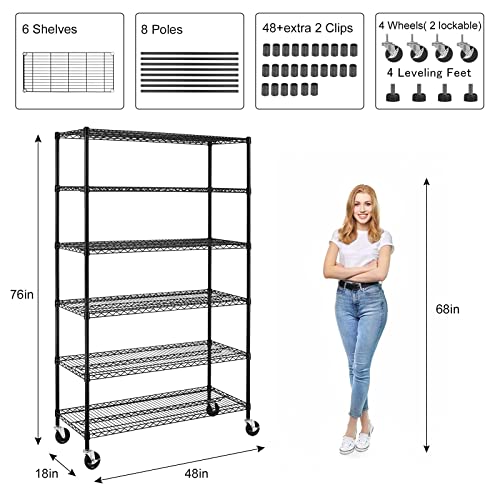 YYkokocat 6000Lbs Capacity Heavy Duty Storage Shelves Commercial Wire Shelving Unit and Storage Adjustable NSF 6 Tier Metal Rack Shelf on Wheels for Garage Basement, 76 H x 48 L x 18 D - Black