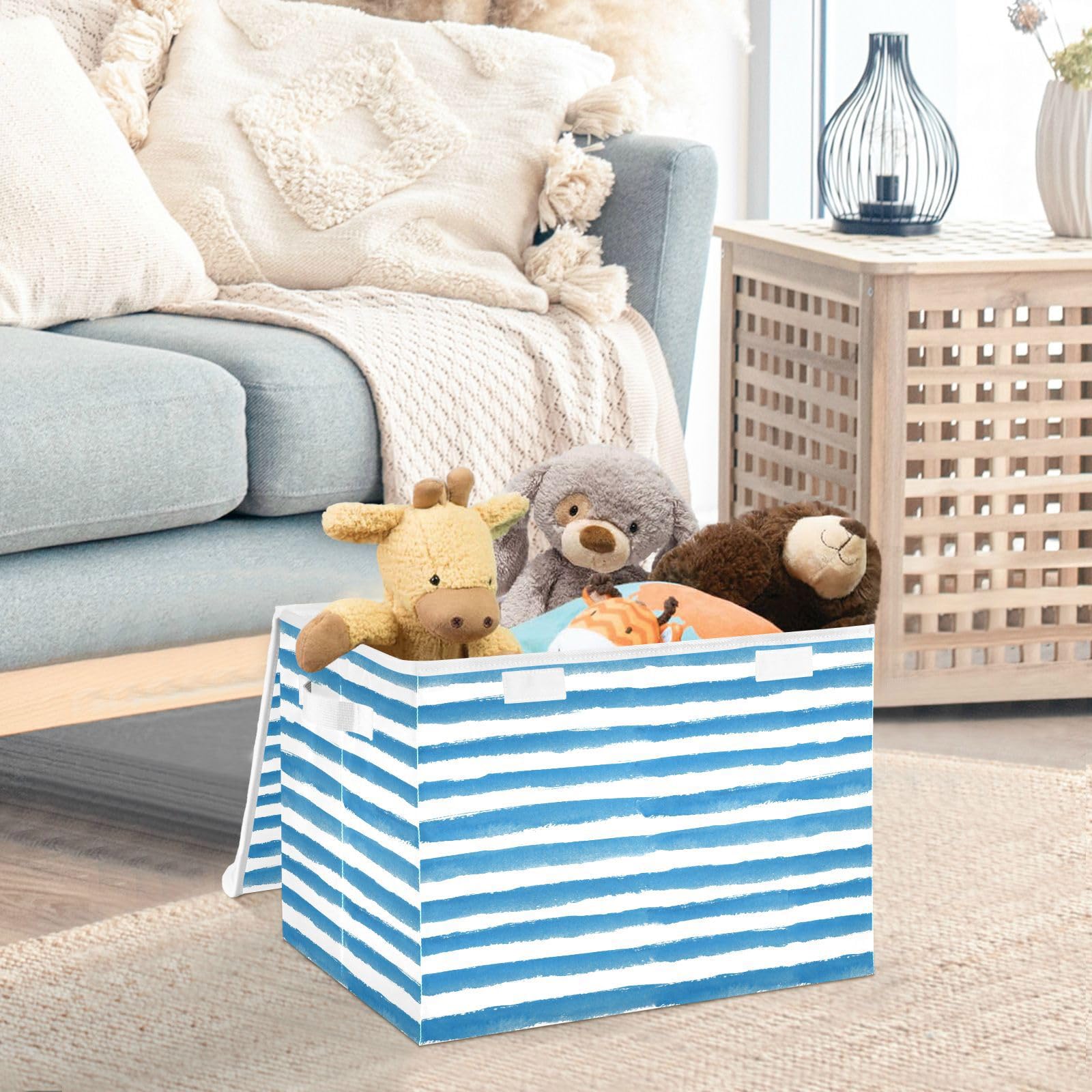Gredecor Blue-white Stripes Large Storage Basket Bins with Lid Storage Boxes Organizer with Handle 16.5"x12.6"x11.8" Collapsible Storage Cube for Toys Bedroom Nursery Home