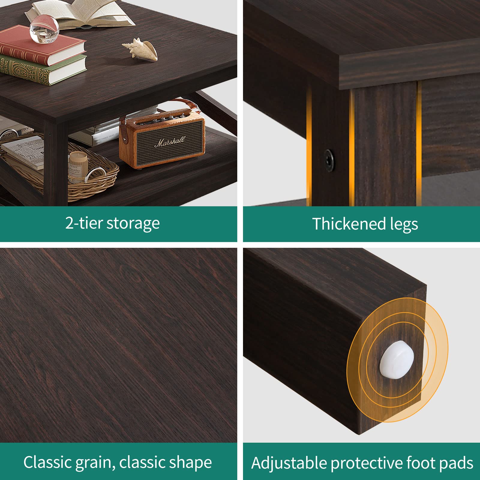 YITAHOME 2-Tier Square Coffee Tables with Storage,Coffee Table for Living Room,Center Table Coffee Table for Home,Wood Living Room Table Industrial Small Farmhouse Cocktail Table, Espresso