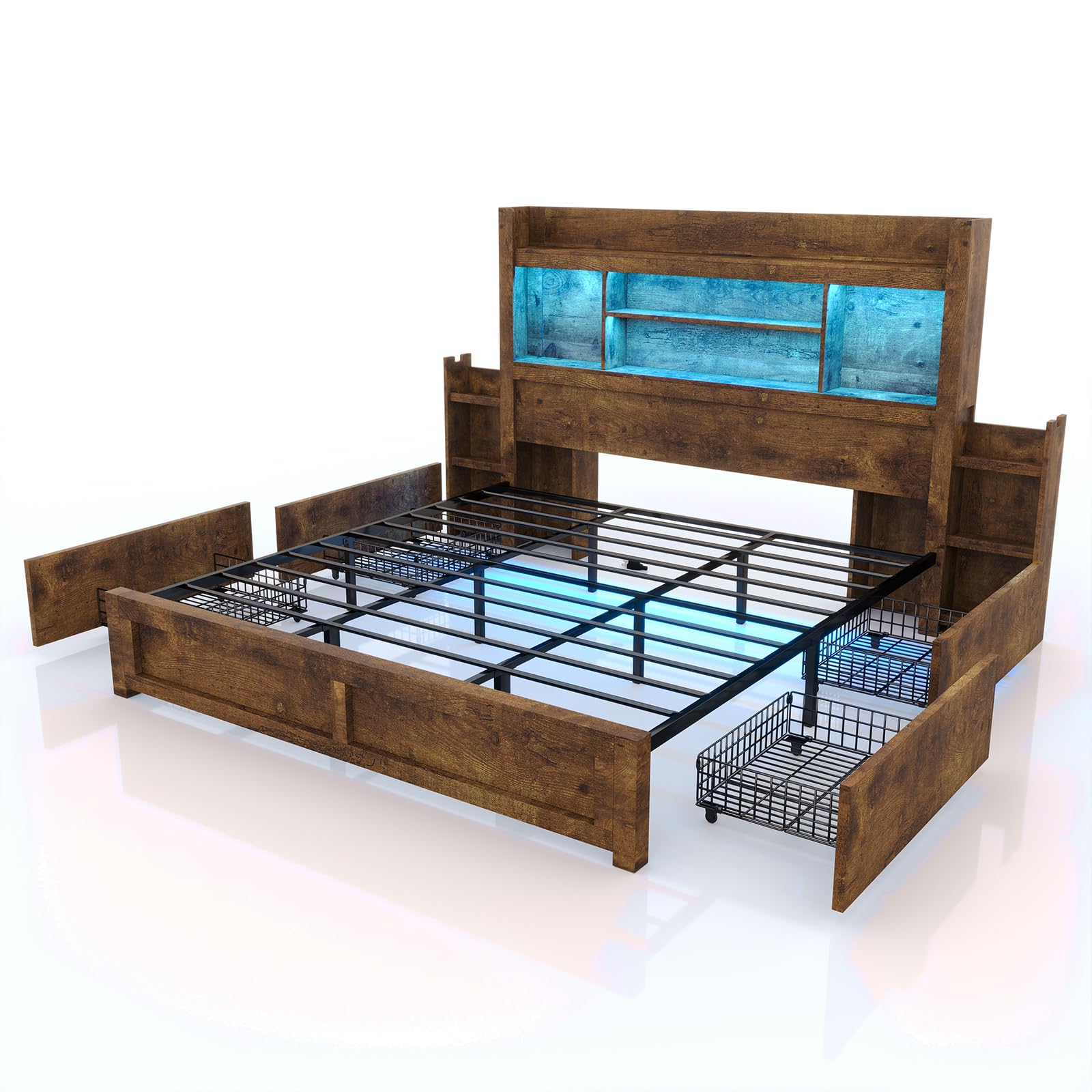 LUXOAK King Bed Frame with 49.6" Bookcase Headboard & 2 Bedside Stoage Racks & 4 Drawers, Farmhouse Wood Bed Frame with RGB LED & Charging Station, No Box Spring Needed, Rustic Brown