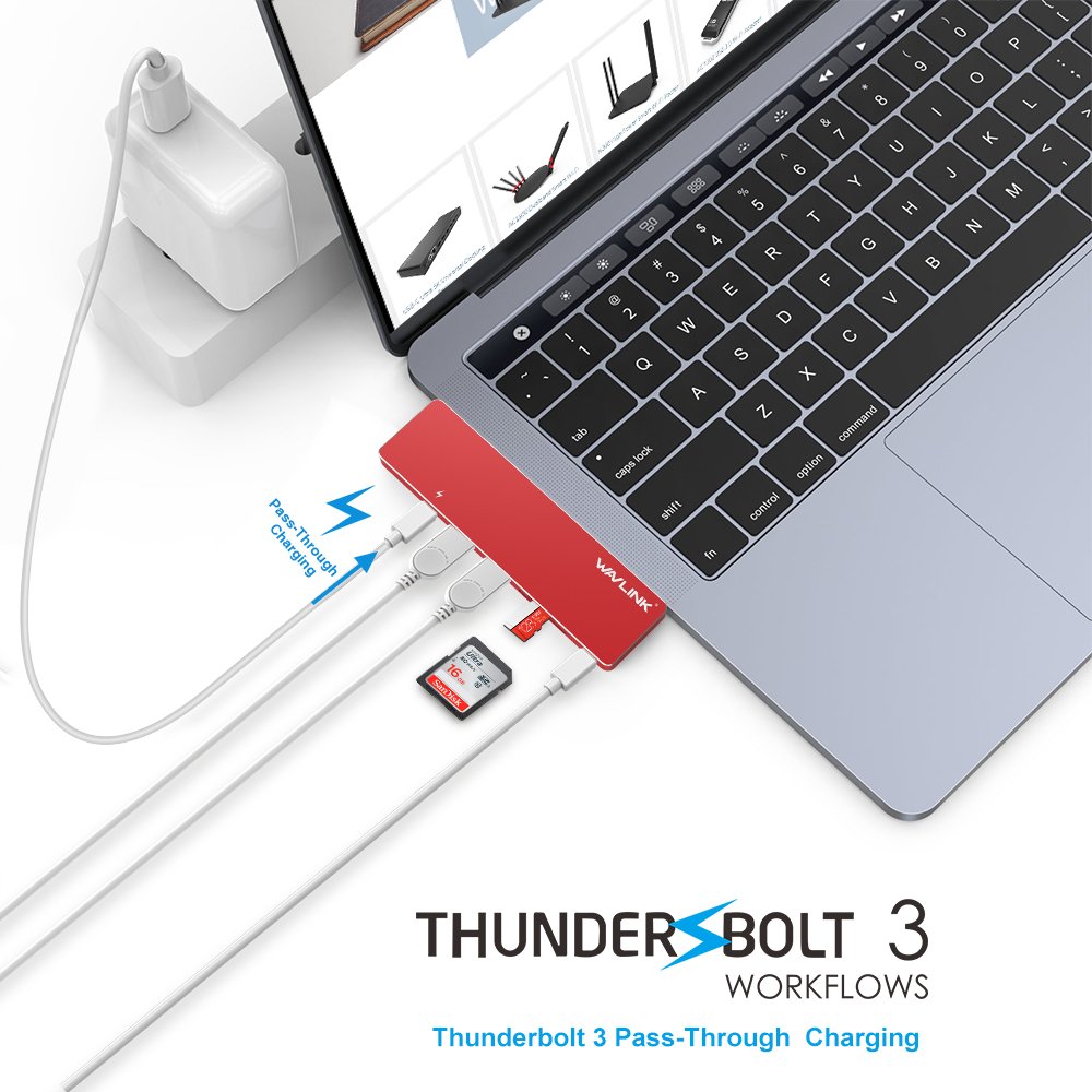 Wavlink USB-C Hub Aluminum Type-C Adapter for Apple MacBook Pro 2016 and 2017-40GB/S Thunderbolt 3 5K@60Hz, USB-C Data Port, 2 USB 3.0, SD/Micro SD Card Readers with Leather case-Red