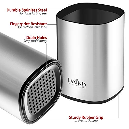 Stainless Steel Kitchen Utensil Holder, Kitchen Caddy, Large Utensil Organizer, Modern Rectangular Design, 6.1” by 5” Utensils Crock (utensils not included)