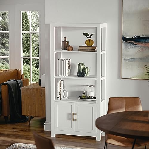 Martha Stewart Hutton Four Tier Shaker Bookcase with Storage Cabinet in White with Polished Brass Hardware