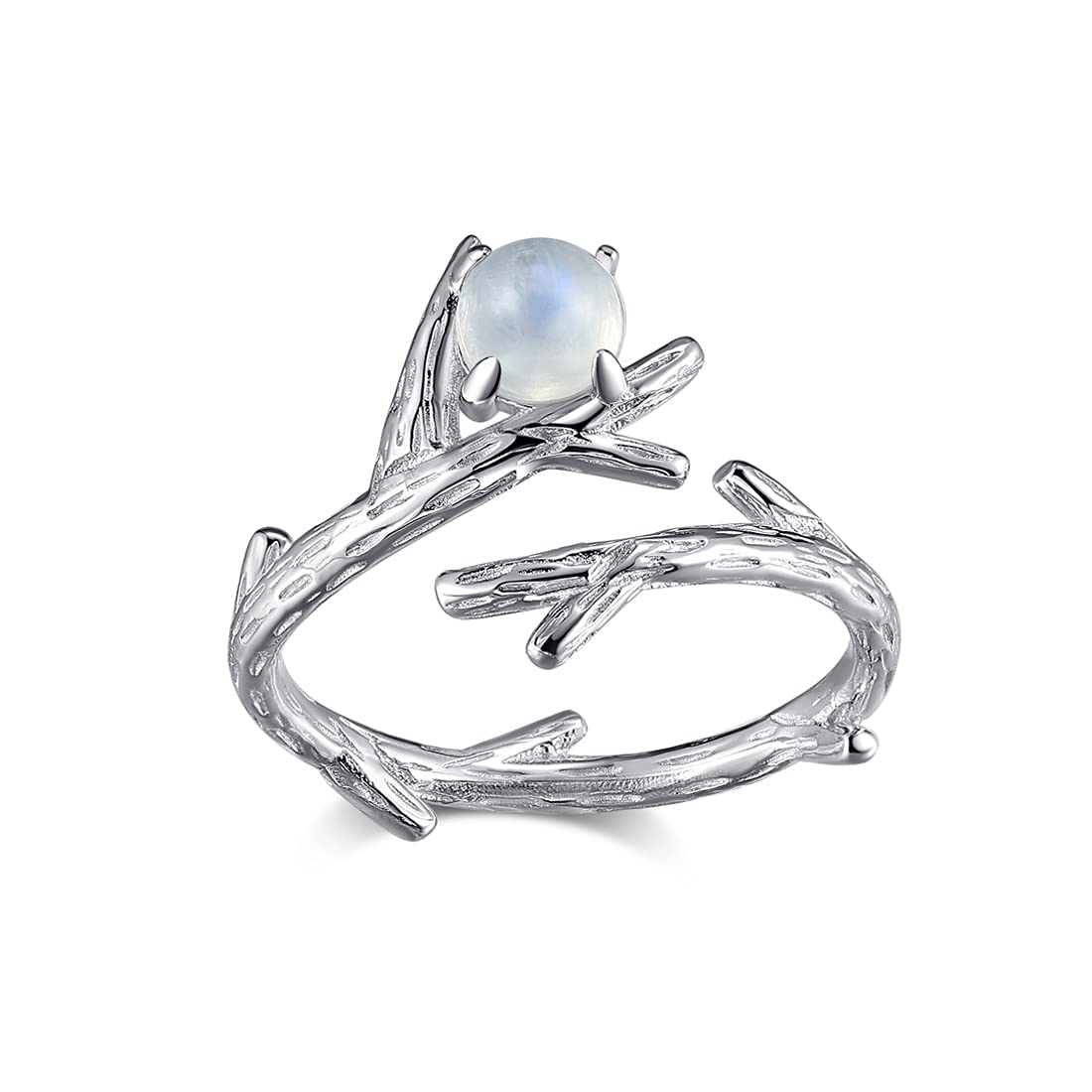 Angol Moonstone Rings Sterling Silver Adjustable Genuine Moonstone Ring with Irregular Branches for Birthday Anniversary Weeding Engagement for Women