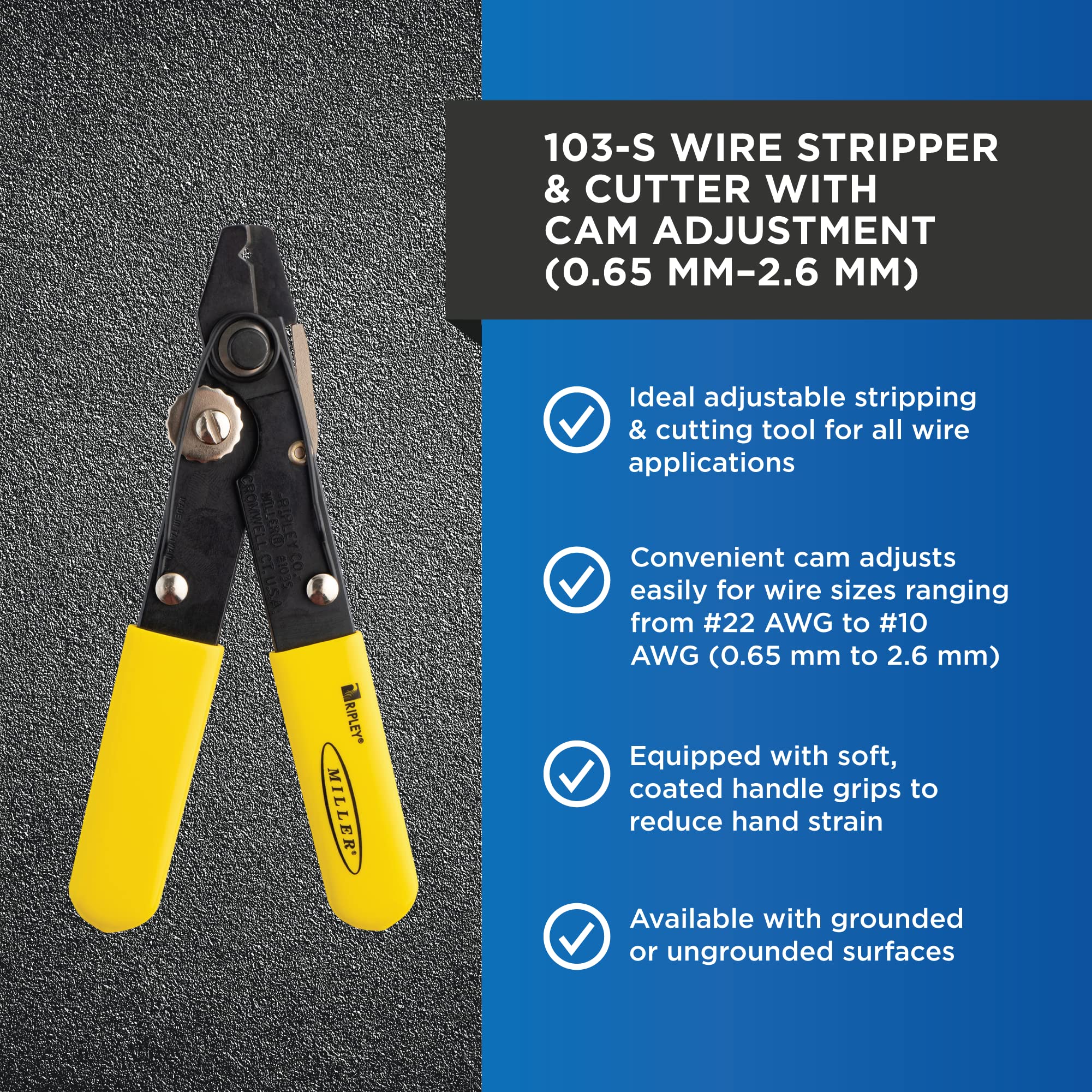 Miller 103-S Wire Stripper and Cutter, Wire Stripping Tool, Cable Cutting Tool, Professional Stripper and Cutter for Technicians