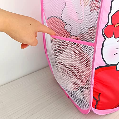 WEI LONG Mesh Popup Hamper-Foldable Lightweight Basket for Washing-Durable Clothing Storage for Kids Room,Students College Dorm,Home,Travel & Camping-Pop-up Clothes Hamper (Pink Kitty Cat)