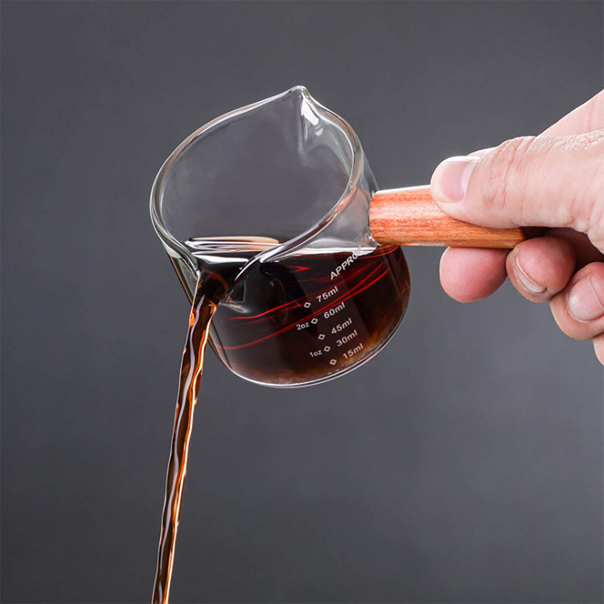Dadamong 2-Pack Espresso Shot Glass 2.5-Ounce (75ML), Double Spouts Measuring Cup Triple Pitcher Mini Milk Cup with Wood Handle Glass Creamer for Coffee Tea Milk or Maple Syrup Serving
