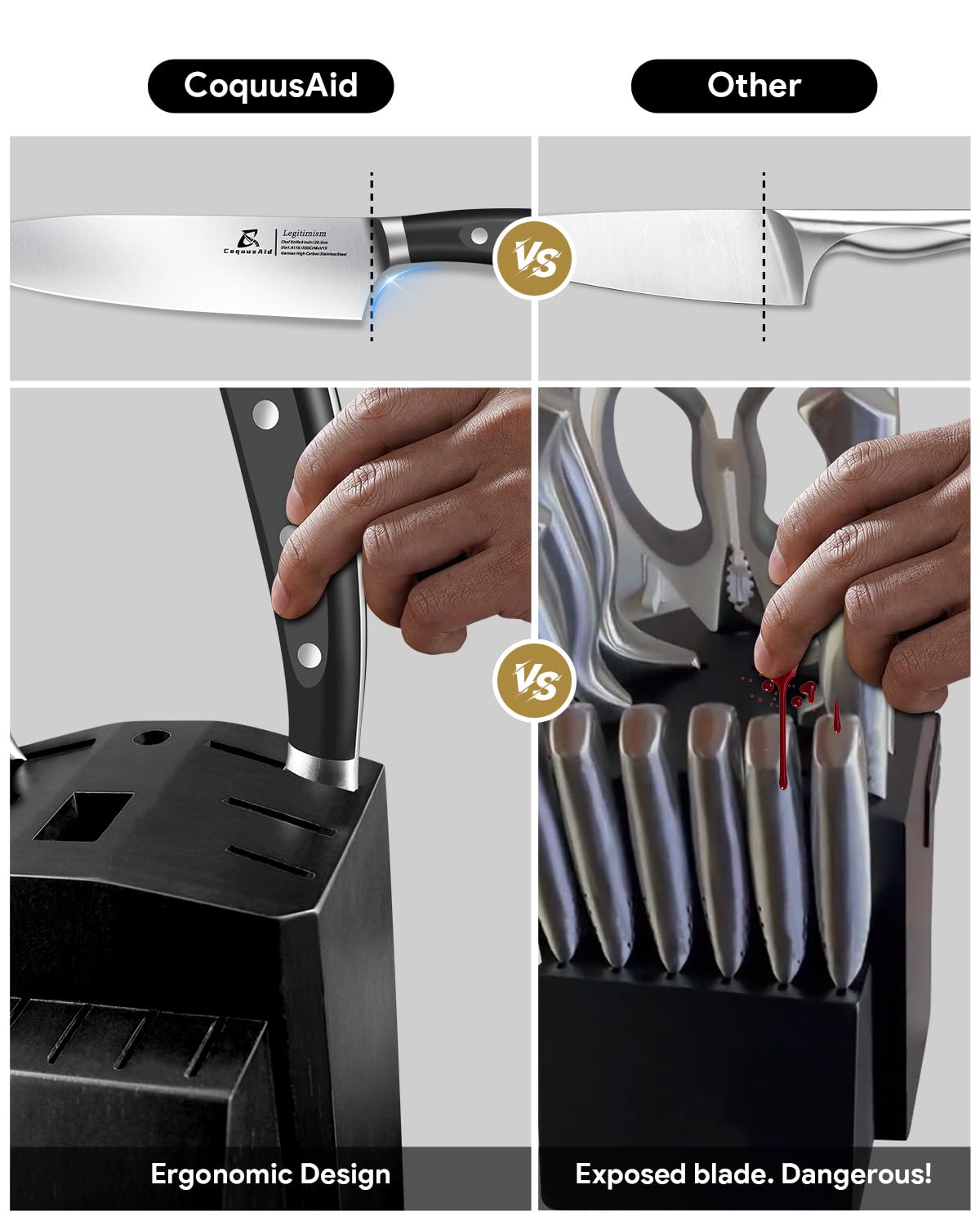 Knife Set, 15 PCS Kitchen Knife Block Sets with Sharpener, 6 Steak Knife Set Serrated with Block, Forged German Stainless Steel Rust Proof Knives, Dishwasher Safe Black, New Beveled Design