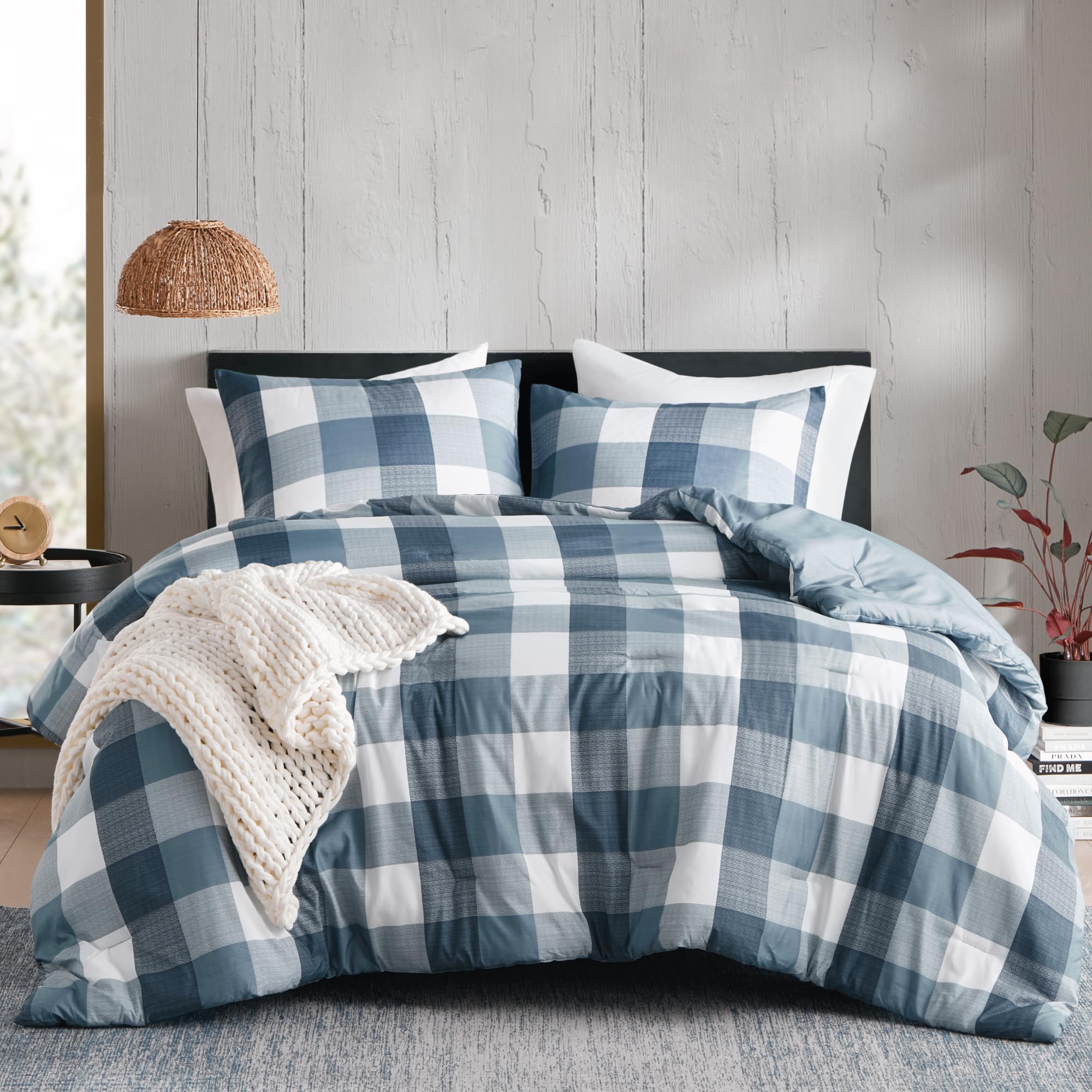 Hyde Lane Plaid Twin Comforter Set for Teen, Farmhouse Comforter Twin Size Bed, Blue and White Comforter, Grid Buffalo Lightweight 3 Pieces Bed Sets Includes 1 Comforter, 1 Shams (66 x 90 Inch)
