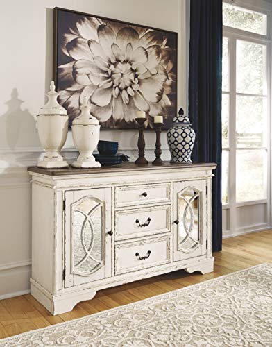 Signature Design by Ashley Realyn French Country Distressed -Dining Room Buffet or Server, Chipped White