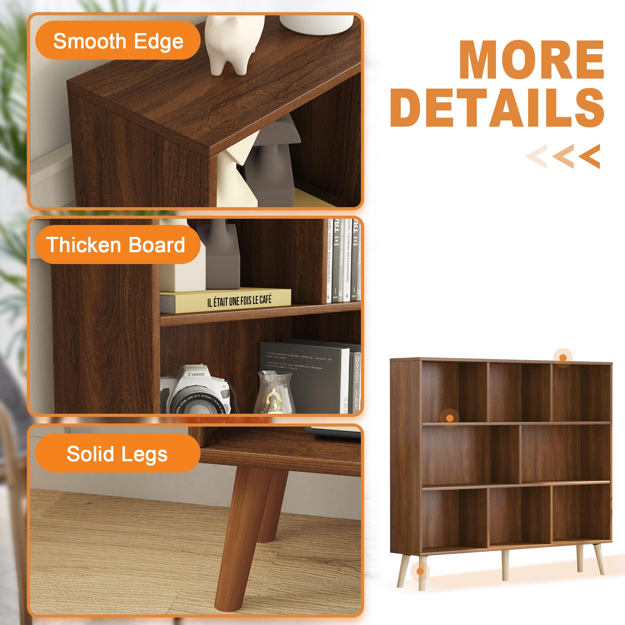 VICLLAX Wood 3 Tier Storage Shelf, 8 Cubes Free Standing Bookshelf with Legs, Display Bookcase for Living Room, Bedroom, Kids Room, Office, Walnut