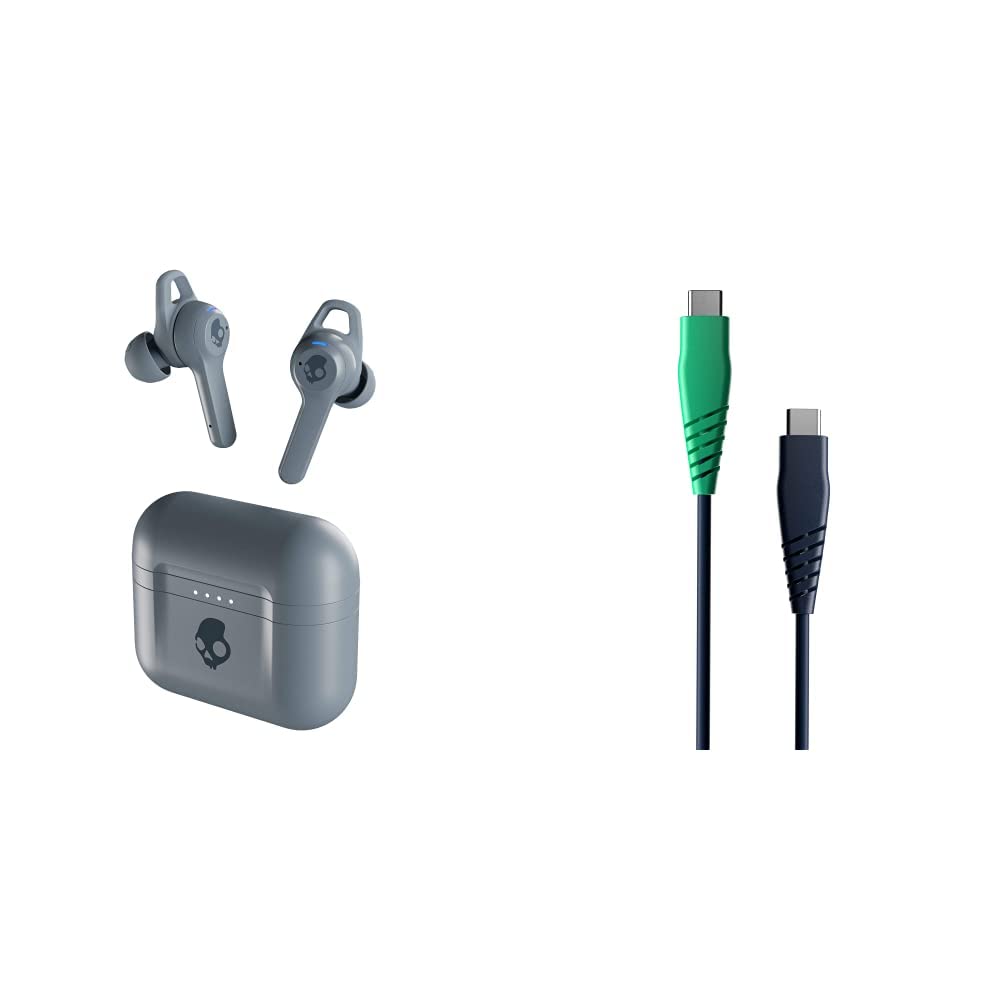 Skullcandy Indy ANC True Wireless in-Ear Earbuds - Chill Grey with Line Round Charging Cable, USB-C to USB-C - Dark Blue/Green, 4ft