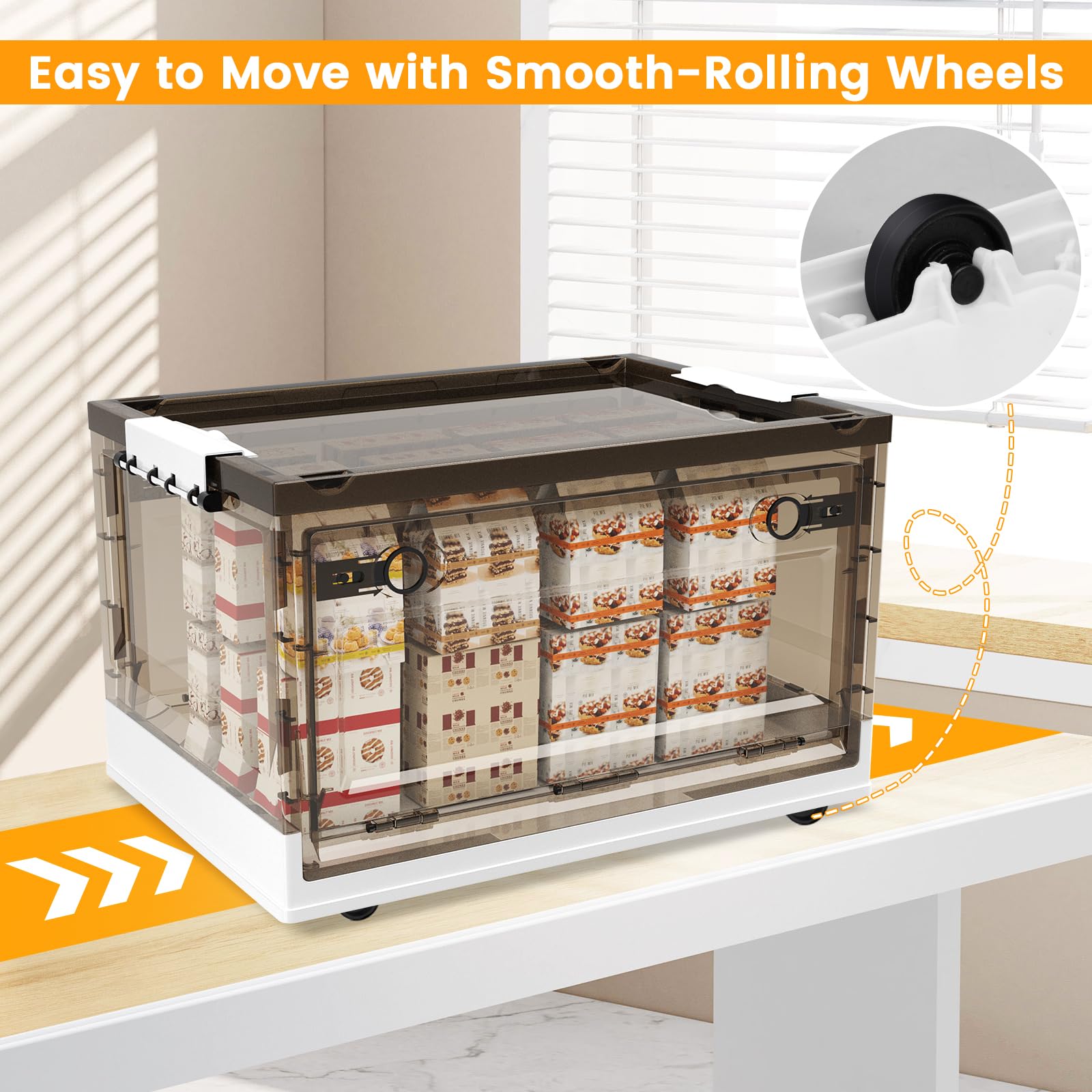 sugitek 4P 50QT Foldable Stackable Storage Bins with Lids - Clear Plastic Storage Box with Wheels for Closet Organizer, Secure Latching Buckles, Ideal for Home Office Garage Organization