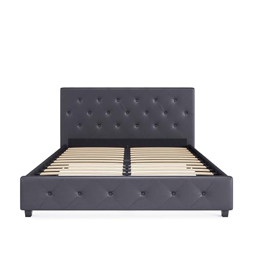 DHP Dakota Upholstered Platform Bed with Diamond Button Tufted Headboard and Footboard, No Box Spring Needed, Queen, Gray Faux Leather,Grey