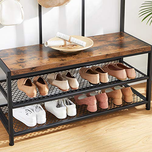 VASAGLE Large Coat Rack Stand, Coat Tree with 12 Hooks and Shoe Bench in Industrial Design, Hall Tree, Multifunctional Hallway Shelf, Office, Bedroom, Rustic Brown and Black UHSR86BX