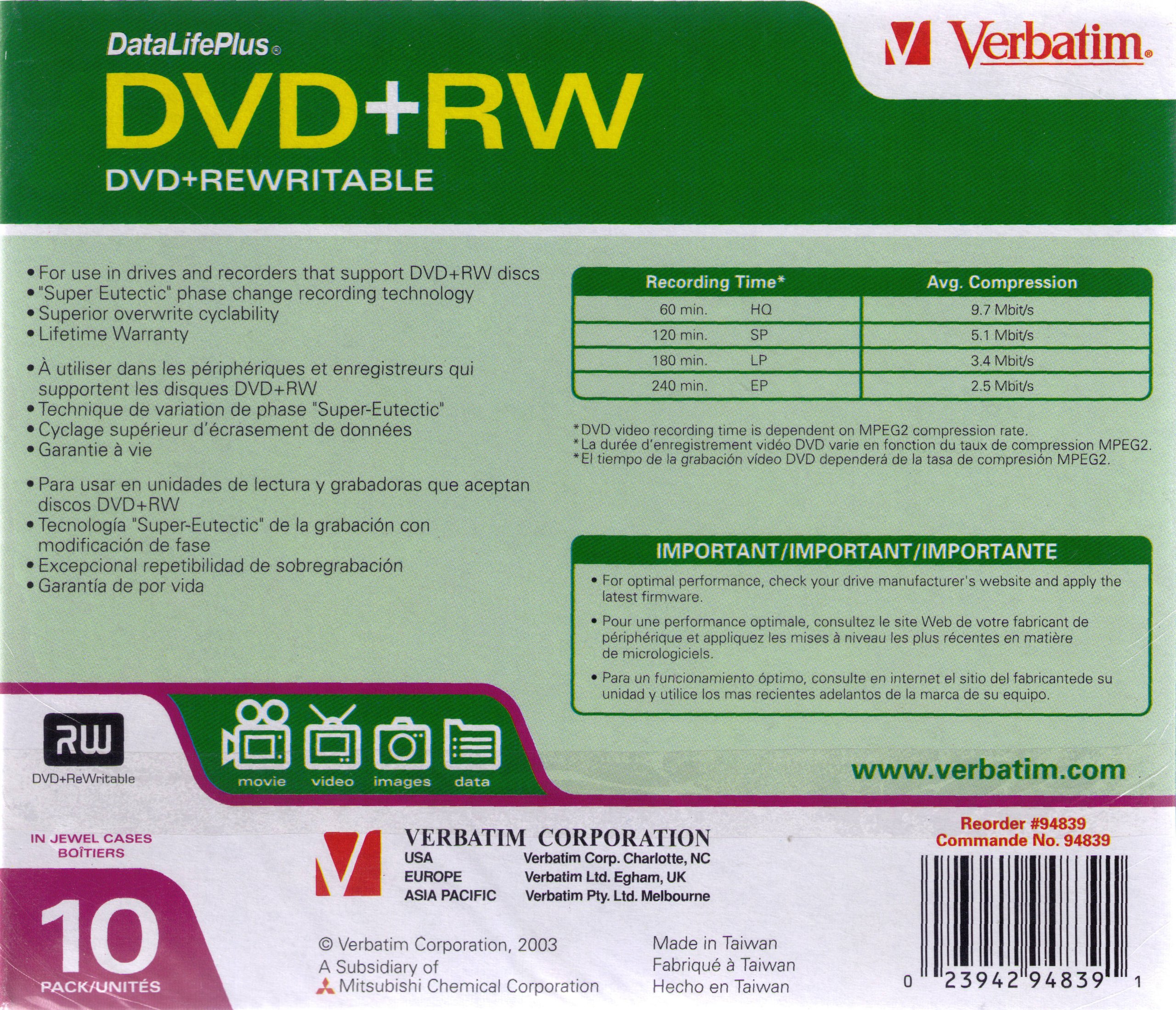 Verbatim VER94839 - DVD+RW 4.7GB 4X with Branded Surface - 10pk Jewel Case