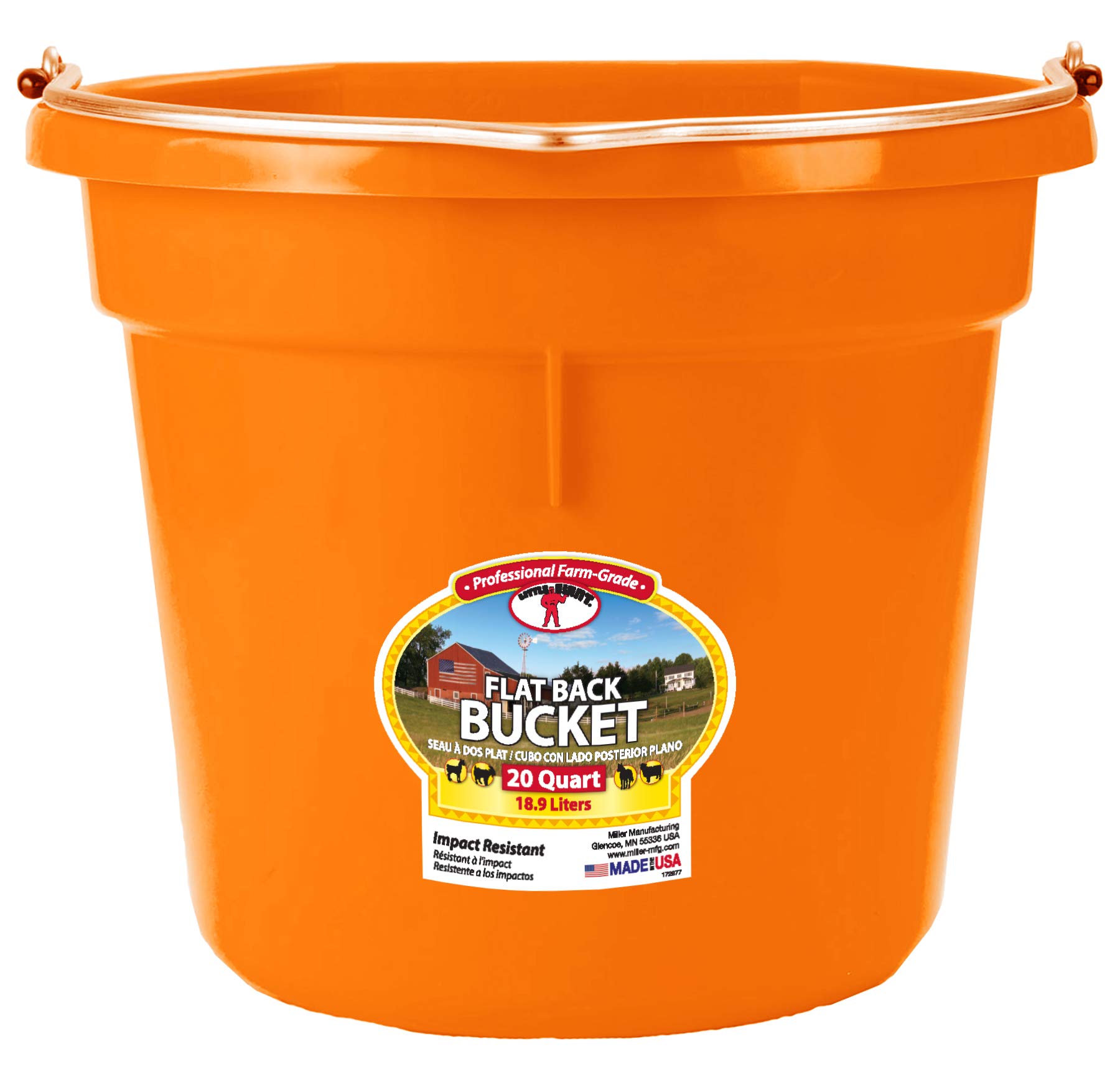 Little Giant® Flat Back Plastic Animal Feed Bucket | Animal Feed Bucket with Metal Handle | Horse Feed & Water Bucket | 20 Quarts | Orange