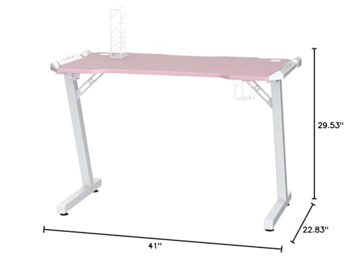 Oryxearth Pink Gaming Desk with LED Lights, 41" Z Shaped RGB Home Gaming Computer Desk Table, Ergonomic PC Workstation with Remote Control, Cup Holder, Handle Rack, Headphone Hook for Office Use