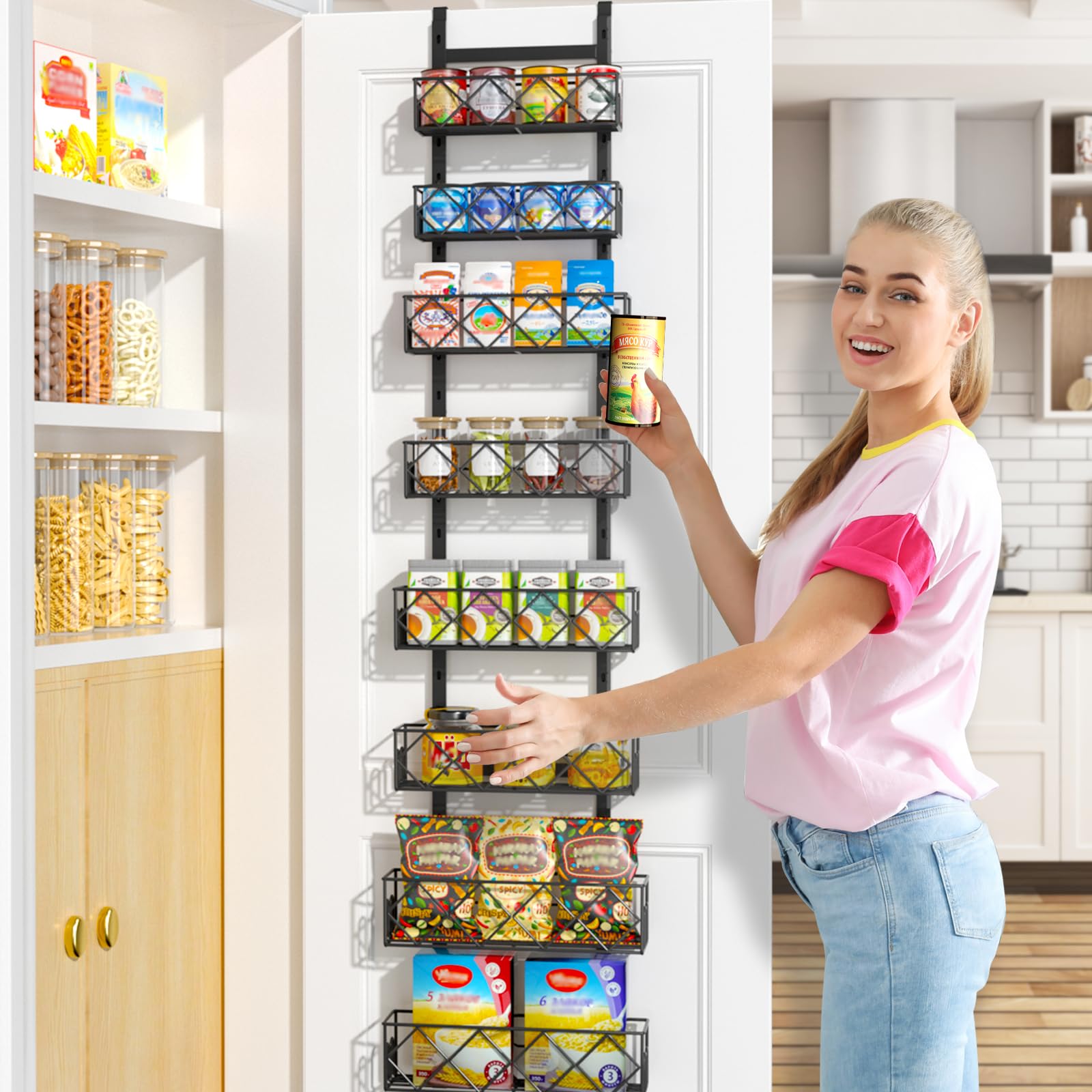 Over the Door Pantry Organizer 8-Tier Adjustable Baskets Hanging Spice Door Rack Narrow - 13.78" W x 65.16" H Behind the Door Storage for Kitchen, Bathroom, and Closet Organization- Black
