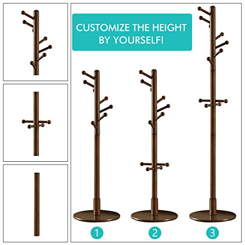 Vlush Sturdy Wooden Coat Rack Stand, Entryway Hall Tree Coat Tree with Solid Round Base for Hat,Clothes,Purse,Scarves,Handbags,Umbrella-(Dark Brown, 11 Hooks)