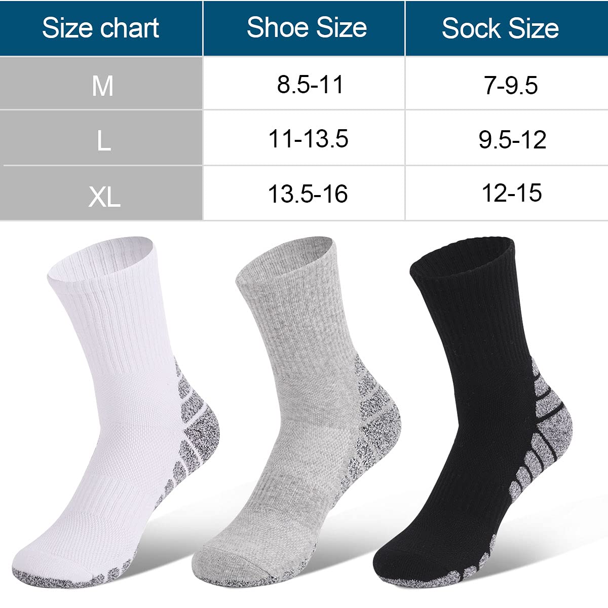 Meinice Athletic Crew Socks 6 Pairs Cushion Running Socks Sport Wicking Socks for Women/Men(L,White)