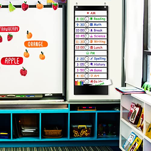 VNOM Daily Schedule Pocket Chart, Class Schedule with 13+1 Pockets 18 Dry Eraser Cards 2 Easy Over Door Mountings for Classroom, School, Office or Home (13β x 35.5β) (BLACK)