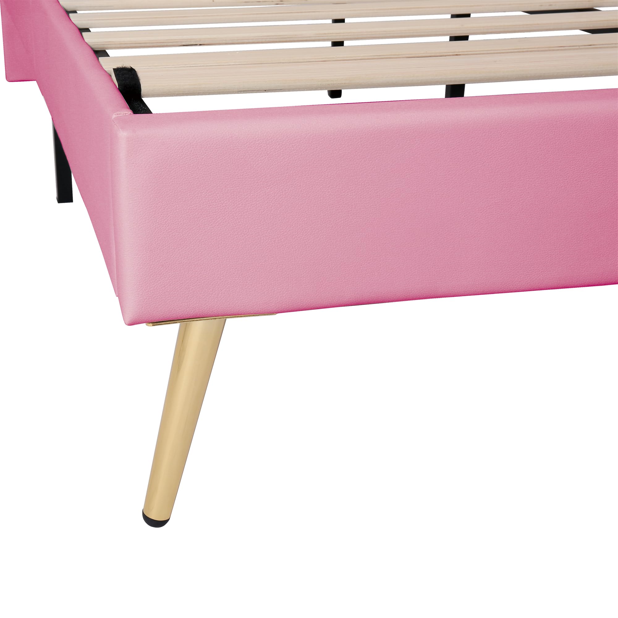 CITYLIGHT Full Size Upholstered Princess Bed with Crown Headboard, Wood Cute Kids Bed Frame Full with LED Lights and Metal Legs for Girls, No Box Spring Required (Full,Pink)